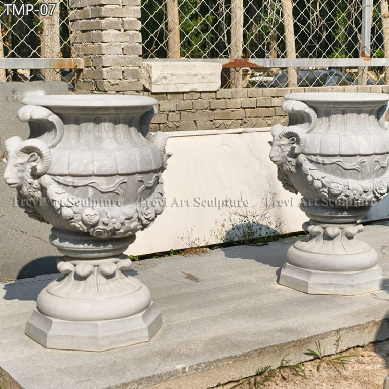 Large White Marble Planter with Goat Relief