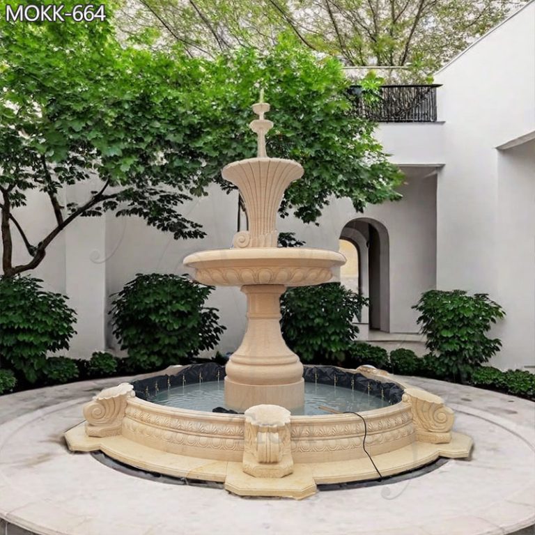 Large Outdoor Natural Yellow Travertine Stone Water Fountain for Sale