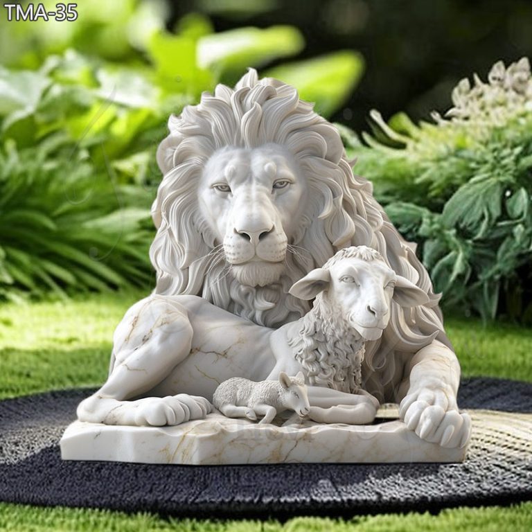 Large Marble Lion and Lamb Statues Outdoor Garden Decor