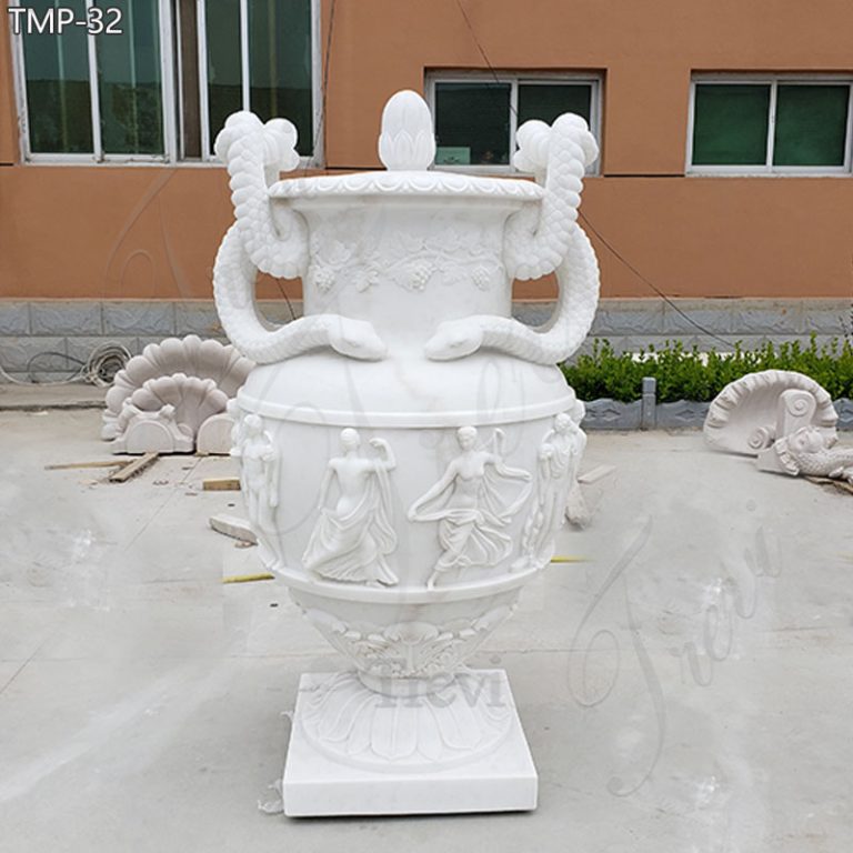 Large White Marble Planter with Snake Relief for Sale